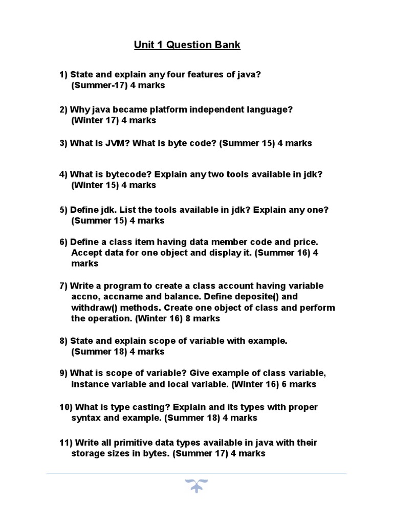 JAVA UNIT-1 Question Bank | PDF | Java (Programming Language) | Class ... JAVA UNIT-1 Question Bank | PDF | Java (Programming Language) | Class ...