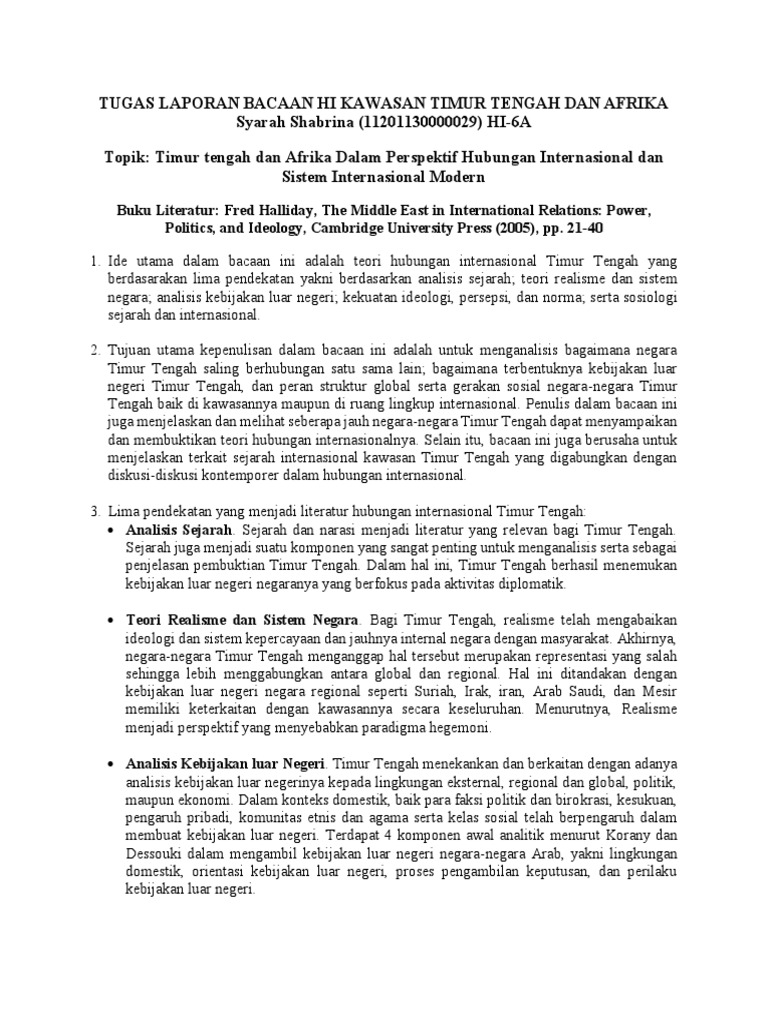 Laporan Bacaan Minggu Ke-2 - HI Kawasan Timur Tengah Dan Afrika - Syarah Shabrina 6A ...