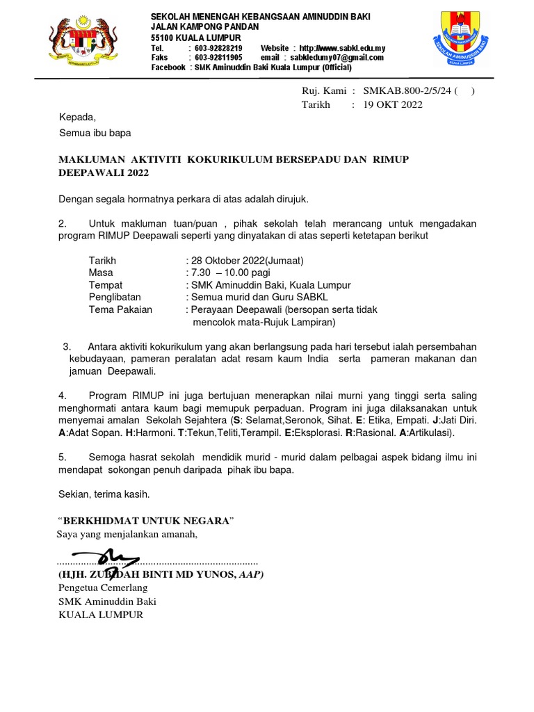 Makluman Aktiviti Kokurikulum Bersepadu Dan Rimup Deepawali 2022 | PDF