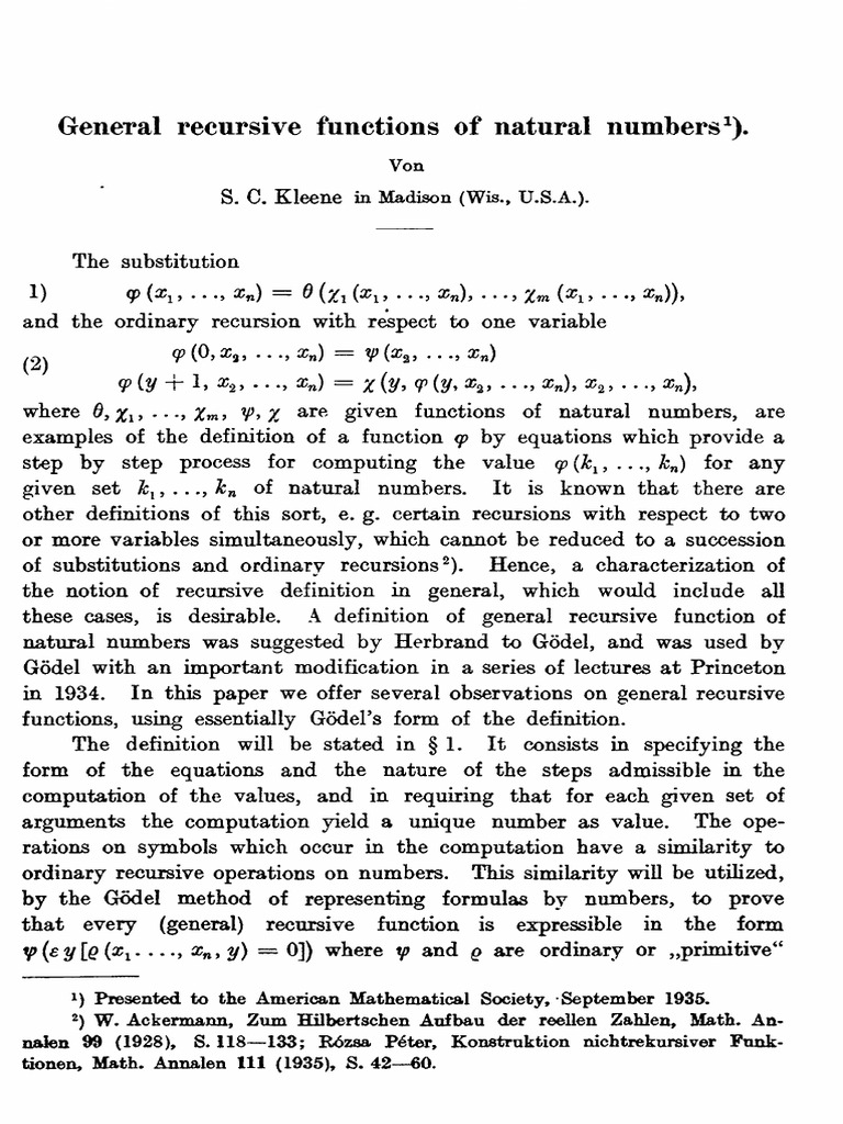 kleene general recursive functions of naural numbers | PDF