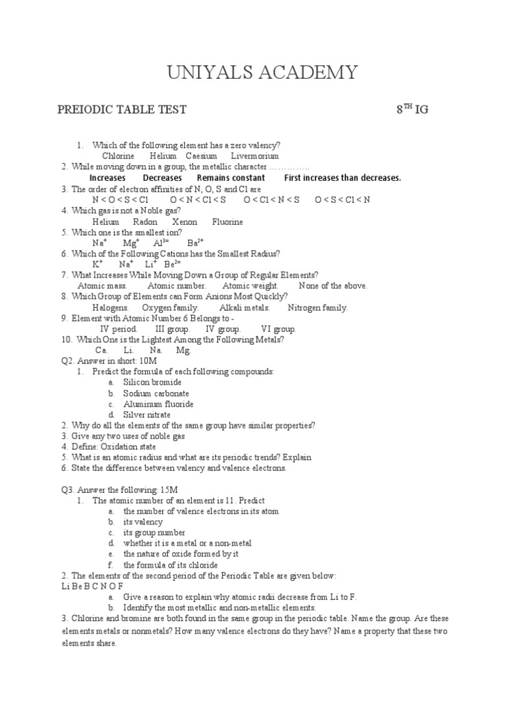 Class 8th - Periodic Table | PDF | Chlorine | Periodic Table
