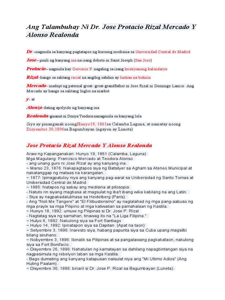 Ang Talambuhay Ni Dr. Jose Protacio Rizal Mercado Y Alonso Realonda | PDF