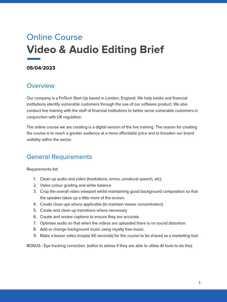Online Course - Video & Audio Editing Brief | PDF
