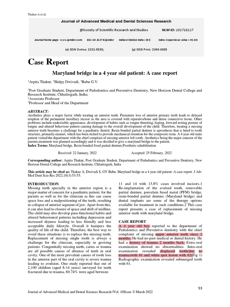 Maryland Bridge in A 4 Year Old Patient A Case Report | Download Free ...
