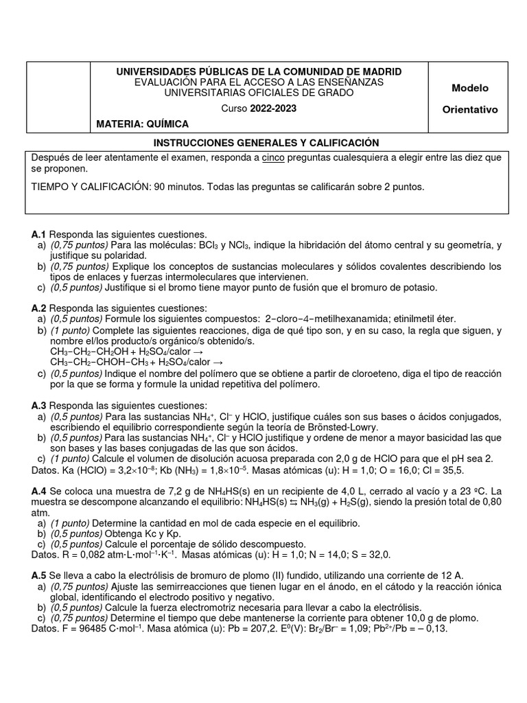 Examen EVAU Madrid Química 2022-2023 Modelo | PDF | Equilibrio químico | Redox