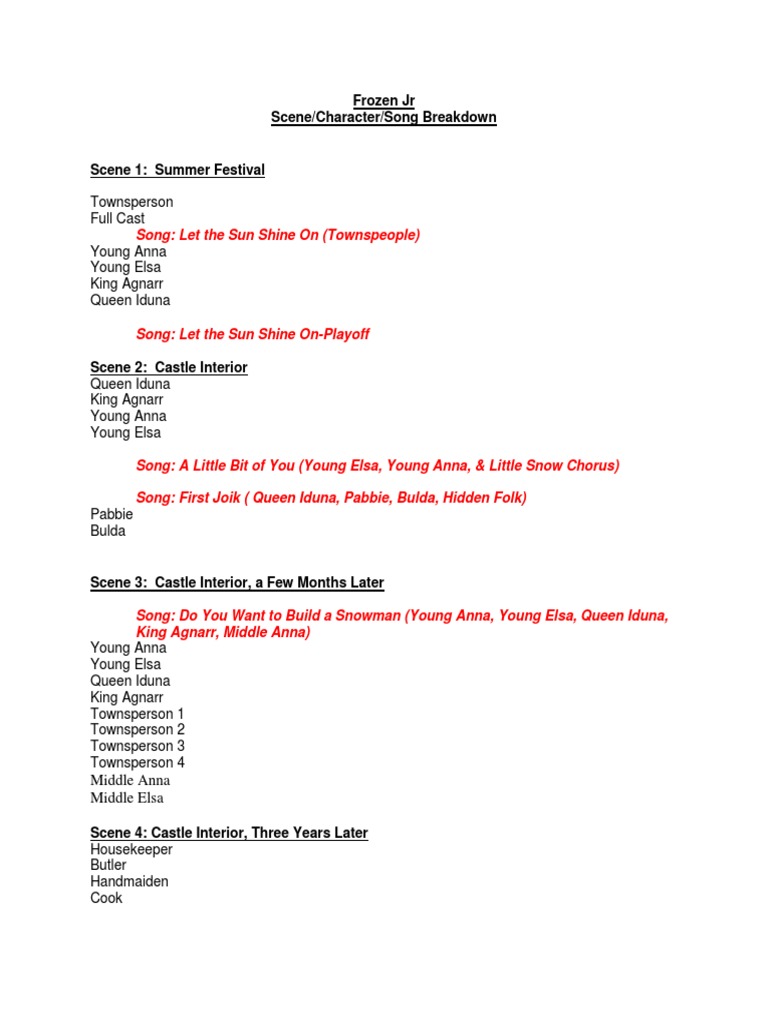 Frozen JR Scenes Songs Breakdown List Updated | PDF