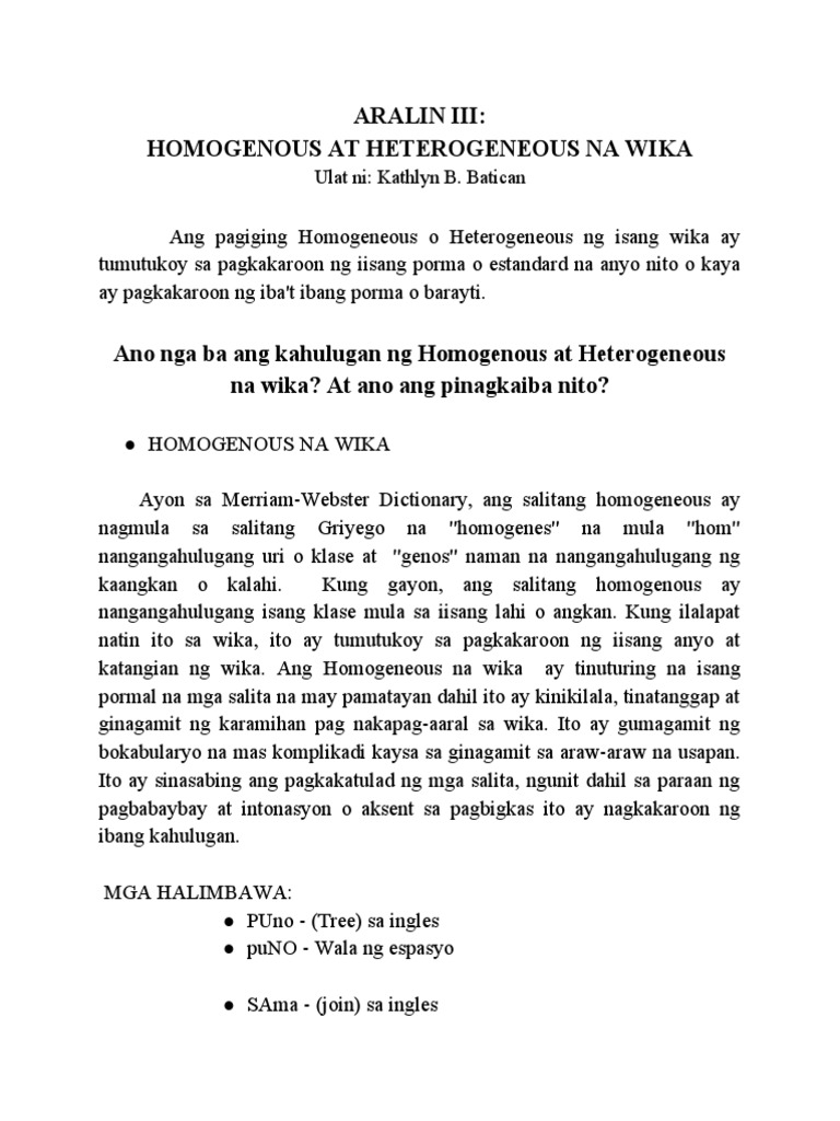 Homogenous at Heterogeneous Na Wika 1 | PDF Homogenous at Heterogeneous Na Wika 1 | PDF