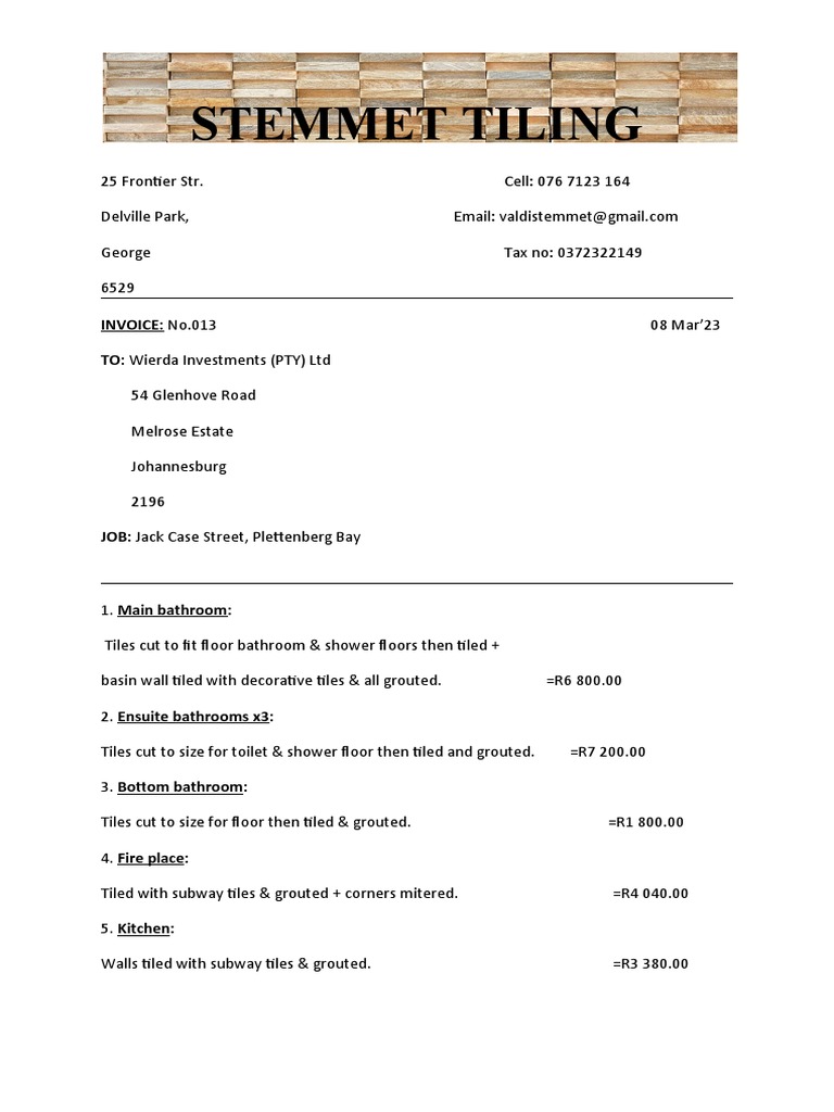 Stemmet Tiling: INVOICE: No.013 TO: Wierda Investments (PTY) LTD | PDF
