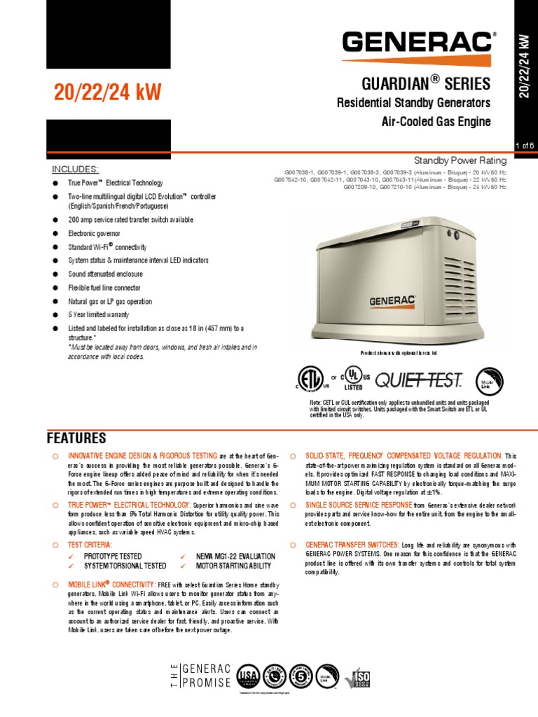 Generac 20 24kw Spec Sheet Without Pwrview A0000937814 - 2 | PDF ...