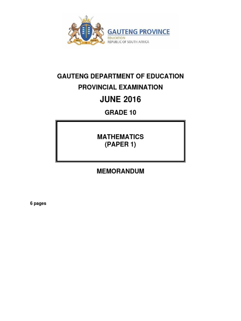 Grade 10 Maths June 2016 Memo | PDF | Mathematics | Mathematical Analysis