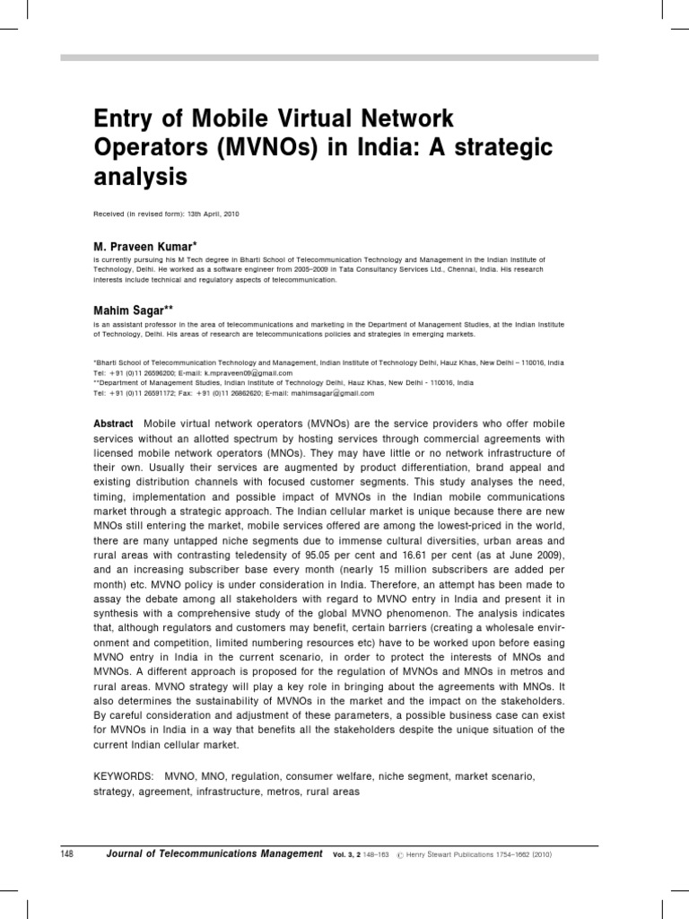 Entry of Mobile Virtual Network Operators (MVNOs) in India | PDF | Telecommunications | Service ...
