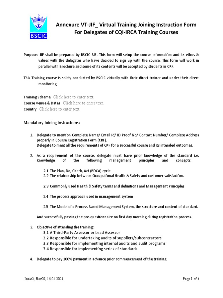 Annexure VT-JIF - Virtual Training - Joining Instruction Form I2 Rev00 16042021 | PDF | Internet ...