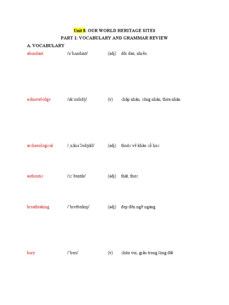 Unit 8 - Vocabulary | PDF