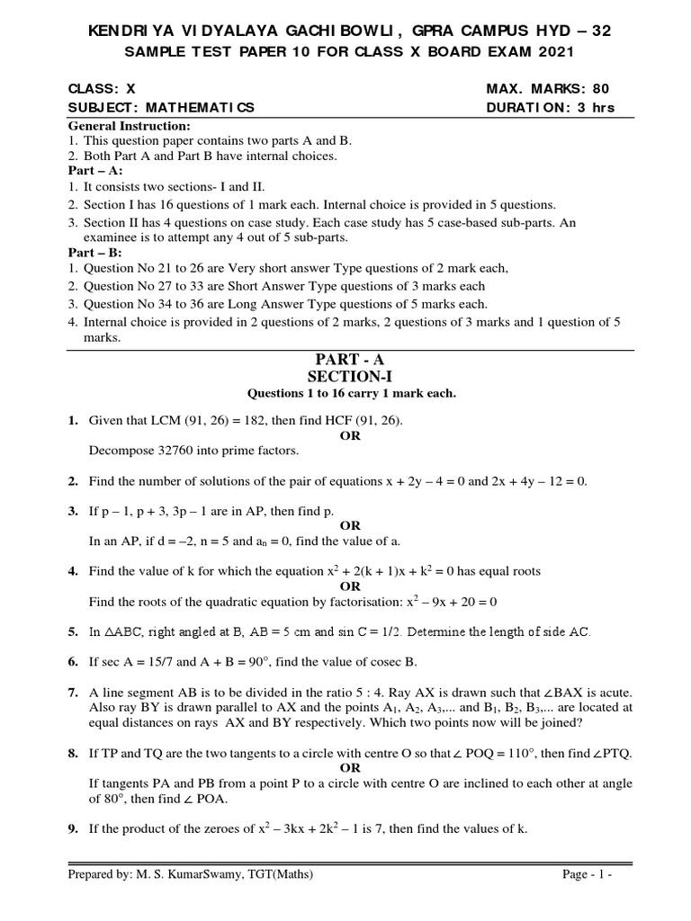Class 10 Math Board Exam Sample Test | PDF | Circle | Triangle