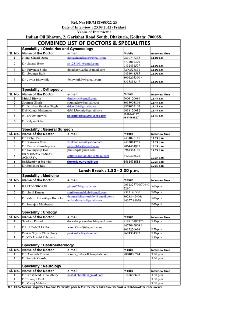 Combined List of Doctors & Specialities: Indian Oil Bhavan, 2, Gariahat ...