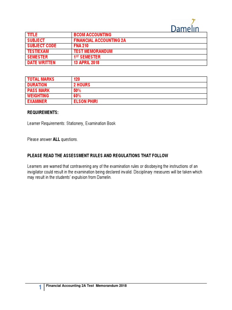 Financial Accounting 2A Test Memo | PDF | Fair Value | Financial Statement