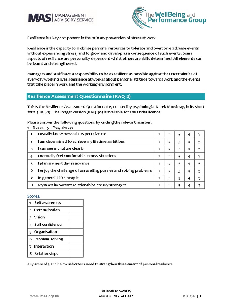 Resilience Assessment Questionnaire (RAQ 8) : 1 Never, 5 Yes, Always ...