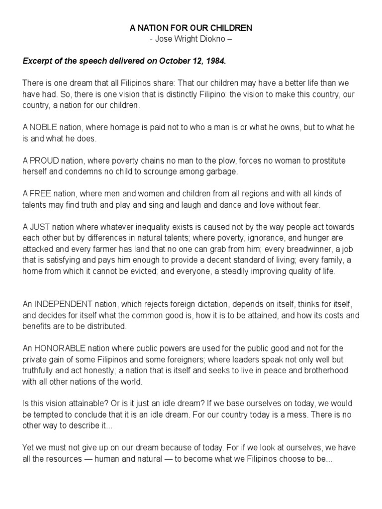 Excerpt of The Speech Delivered On October 12, 1984.: A Nation For Our ...