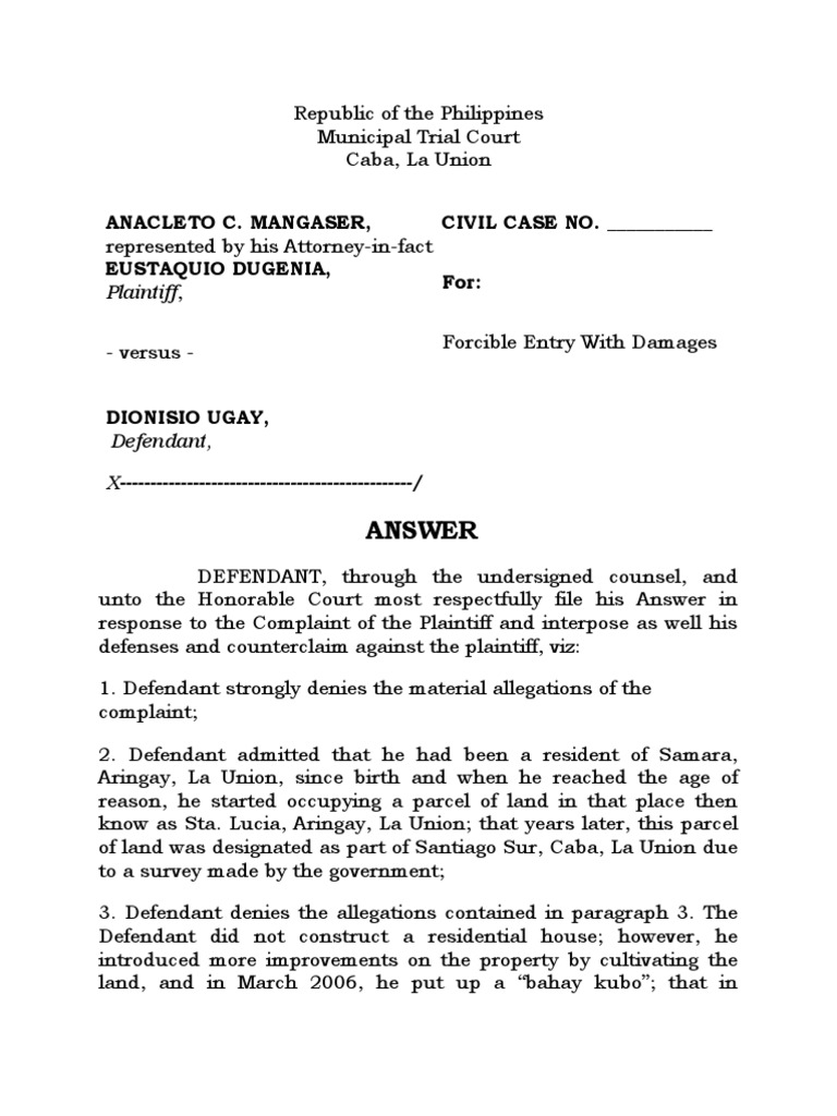 Answer to Forcible Entry Complaint | PDF | Lawsuit | Complaint