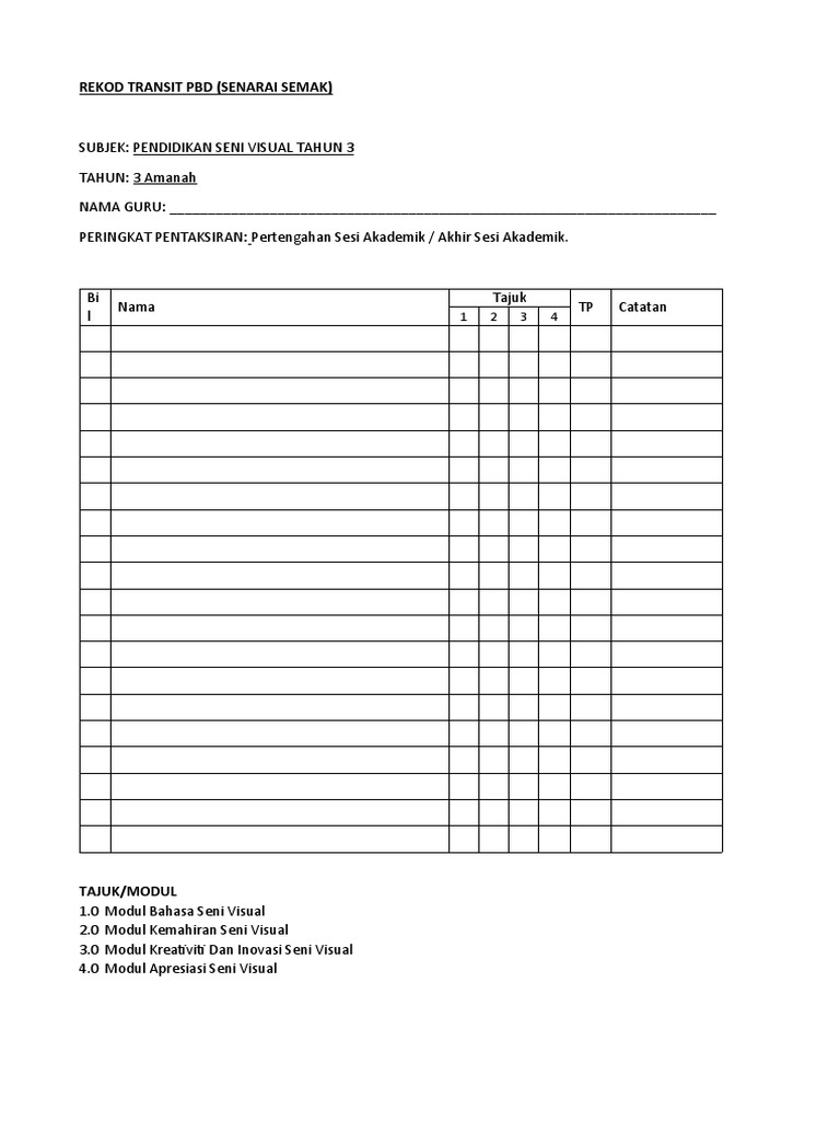 REKOD TRANSIT PBD PSV THN 3 (Senarai Semak) | PDF