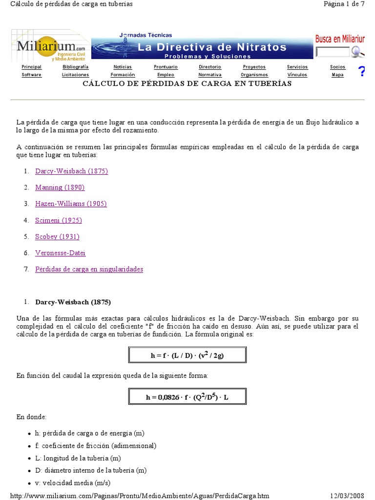 Metodos de Calculo de Las Perdidas de Carga en Tuberias | PDF ...