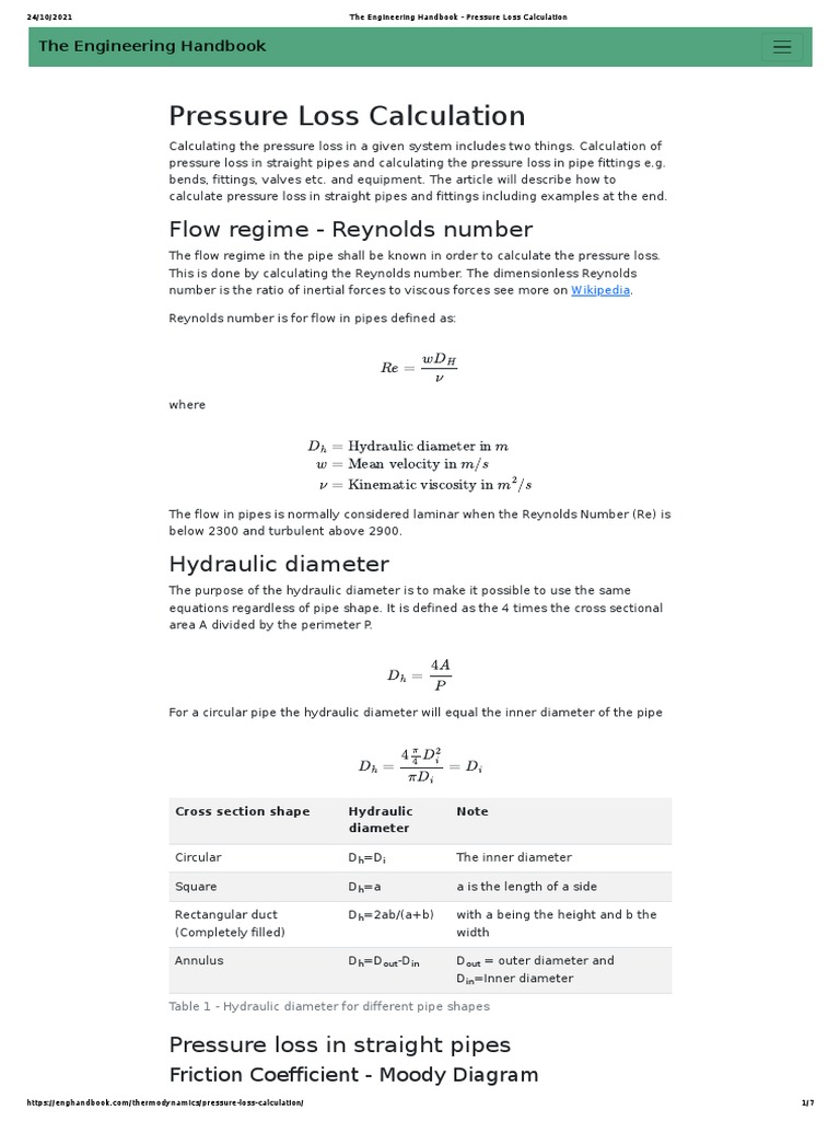 The Engineering Handbook - Pressure Loss Calculation | PDF