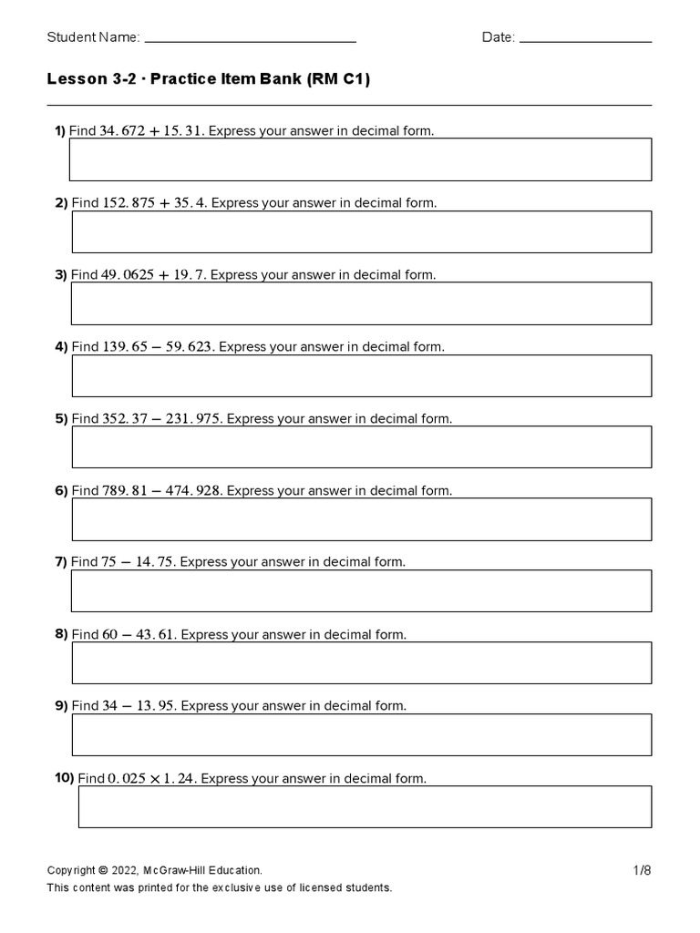 Lesson 3-2 Practice Item Bank (RM C1) : 1) Find | PDF
