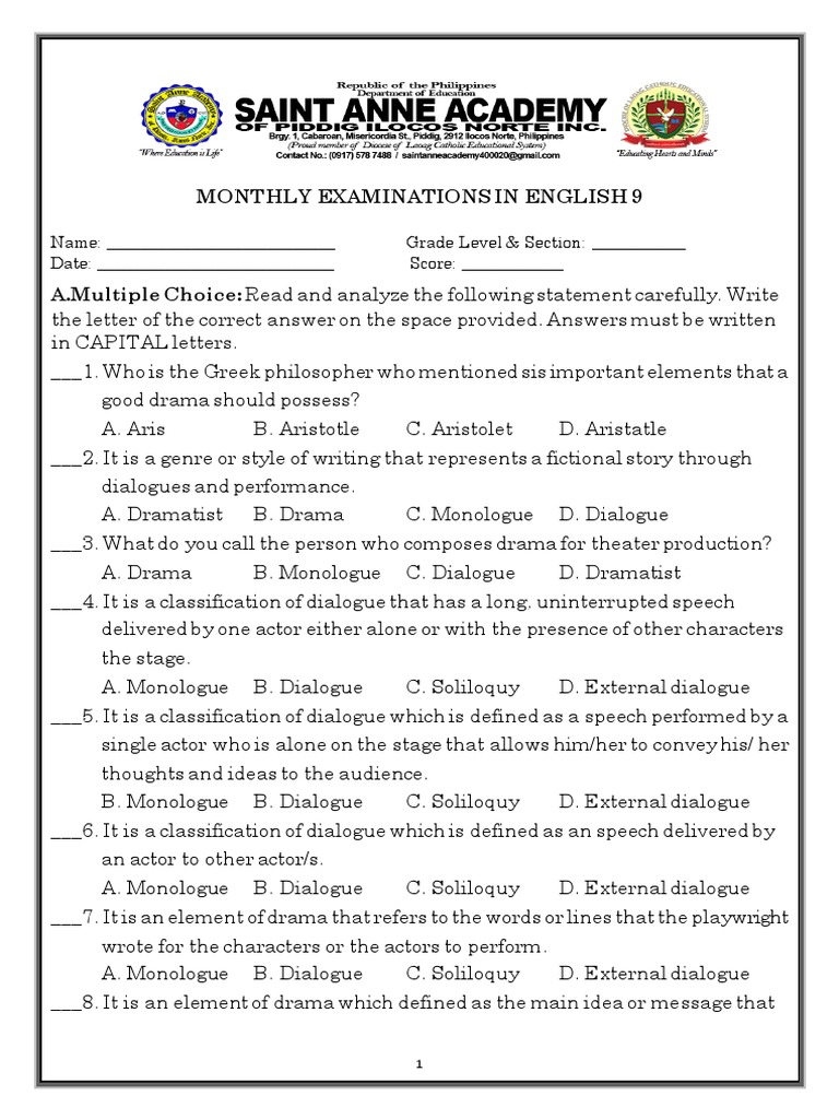 Grade 9 Monthly Exam in English | PDF | Monologue | Plot (Narrative)