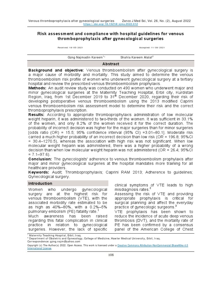 Compliance With Thromboprophylaxis After Gynecology Surgery | PDF ...
