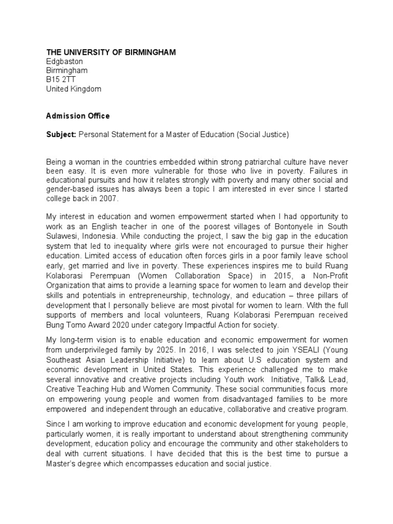 Motivation Letter - BIRMINGHAM UNIVERSITY | PDF