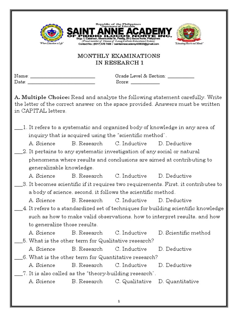 Monthly Examinations in Research 1: Understanding the Scientific Method ...