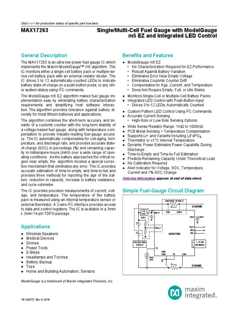 Max17263 Single/Multi-Cell Fuel Gauge With Modelgauge M5 Ez and Integrated Led Control | PDF ...