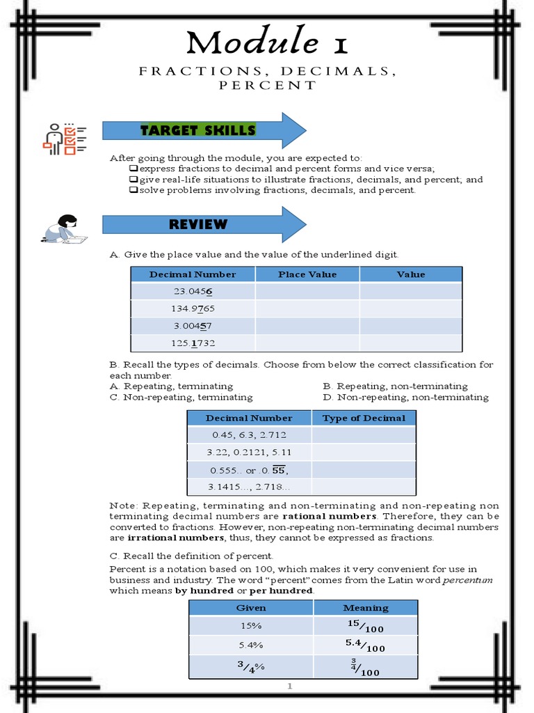 Module 1 Fractions Decimals and Percent | PDF | Percentage | Decimal