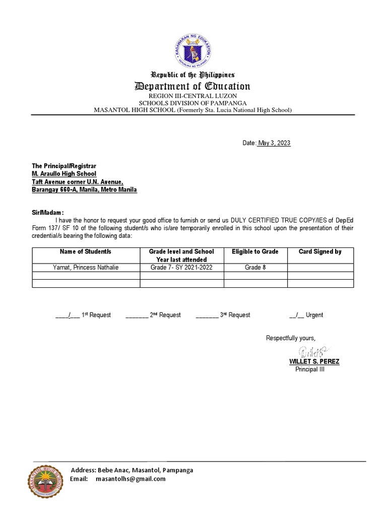 DepEd Form 137 Request for Student Records | PDF