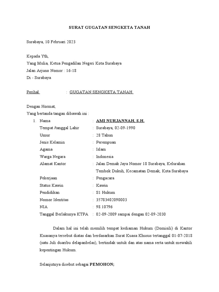Surat Gugatan Sengketa Tanah 2023 | PDF