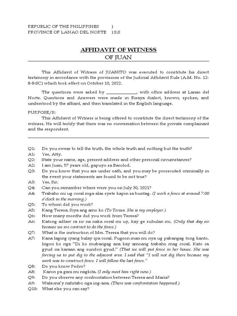 Affidavit of Witness by Juan | PDF | Affidavit | Evidence