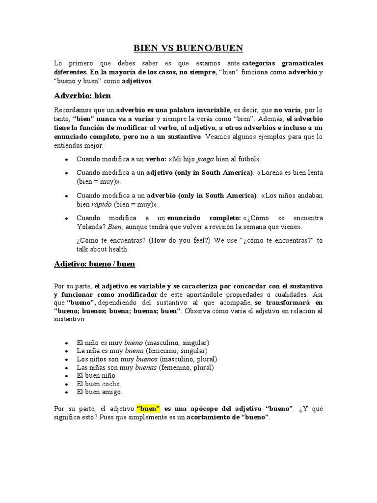 Bien VS Bueno | PDF | Adjetivo | Adverbio