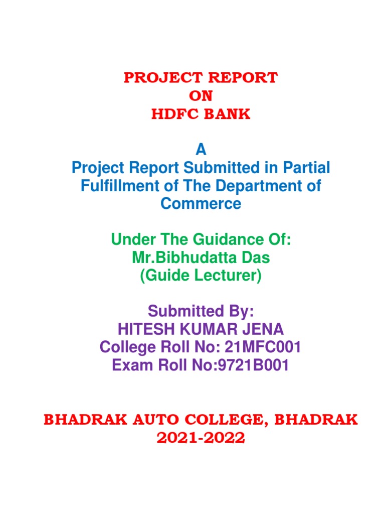 Project Report ON HDFC Bank: A Project Report Submitted in Partial ...