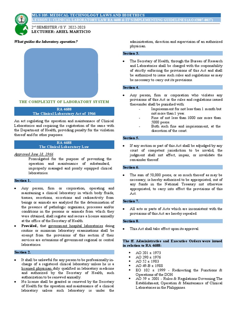 Lesson 1 - Clinical Laboratory Laws RA 4688 & I'ts Implementing ...