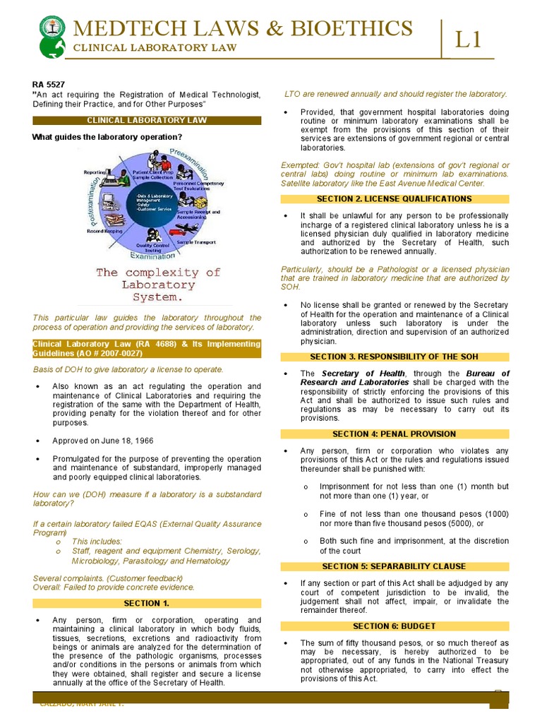 Lesson 1 - Clinical Laboratory Law | PDF | Medical Laboratory | Medical Diagnosis