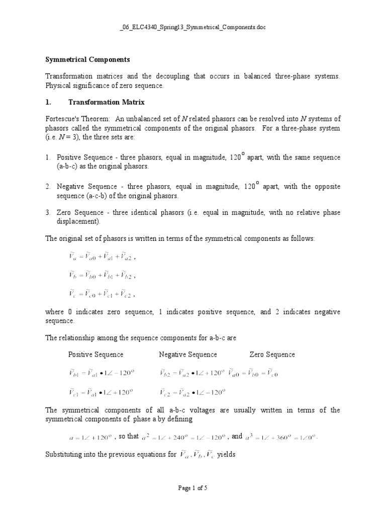 Symmetrical Components and Fortescue's Theorem | PDF | Mathematical ...