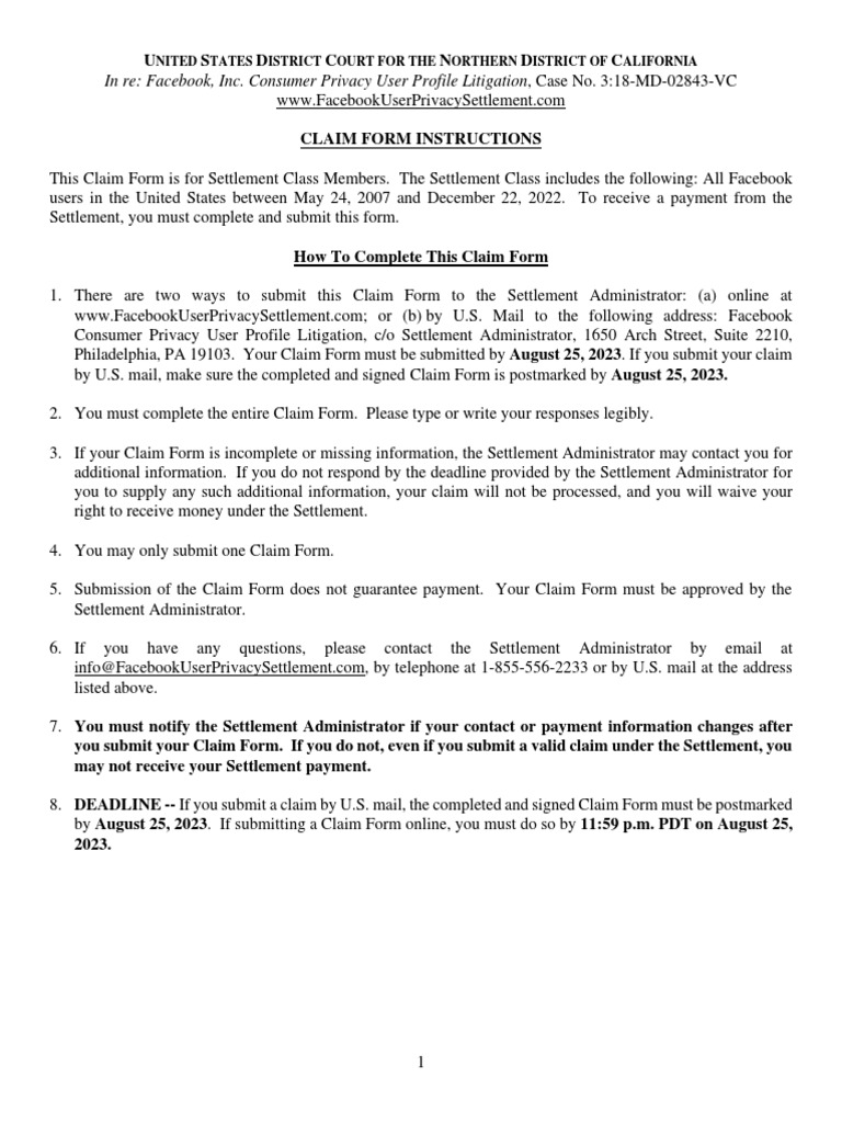 Facebook User Privacy Settlement Claim Form | PDF | Facebook | United ...