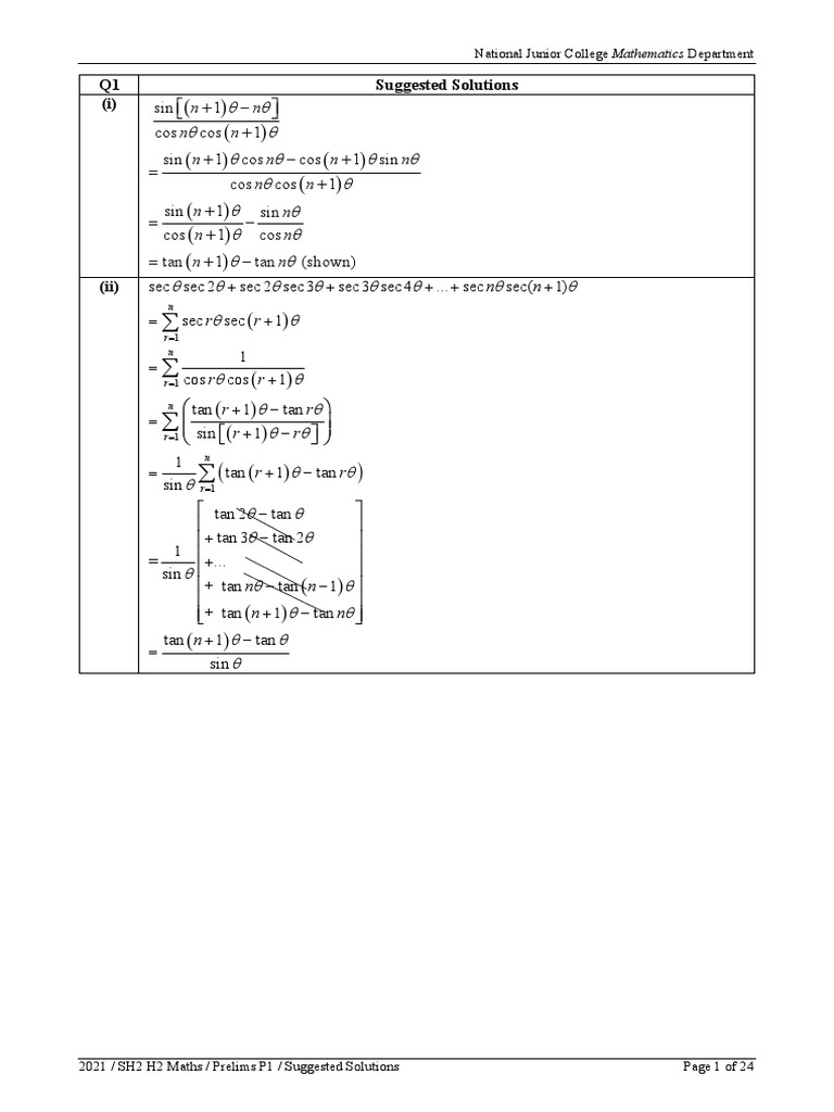 NJC 2021 H2 Math Prelim P1 Ans | PDF | Plane (Geometry) | Equations