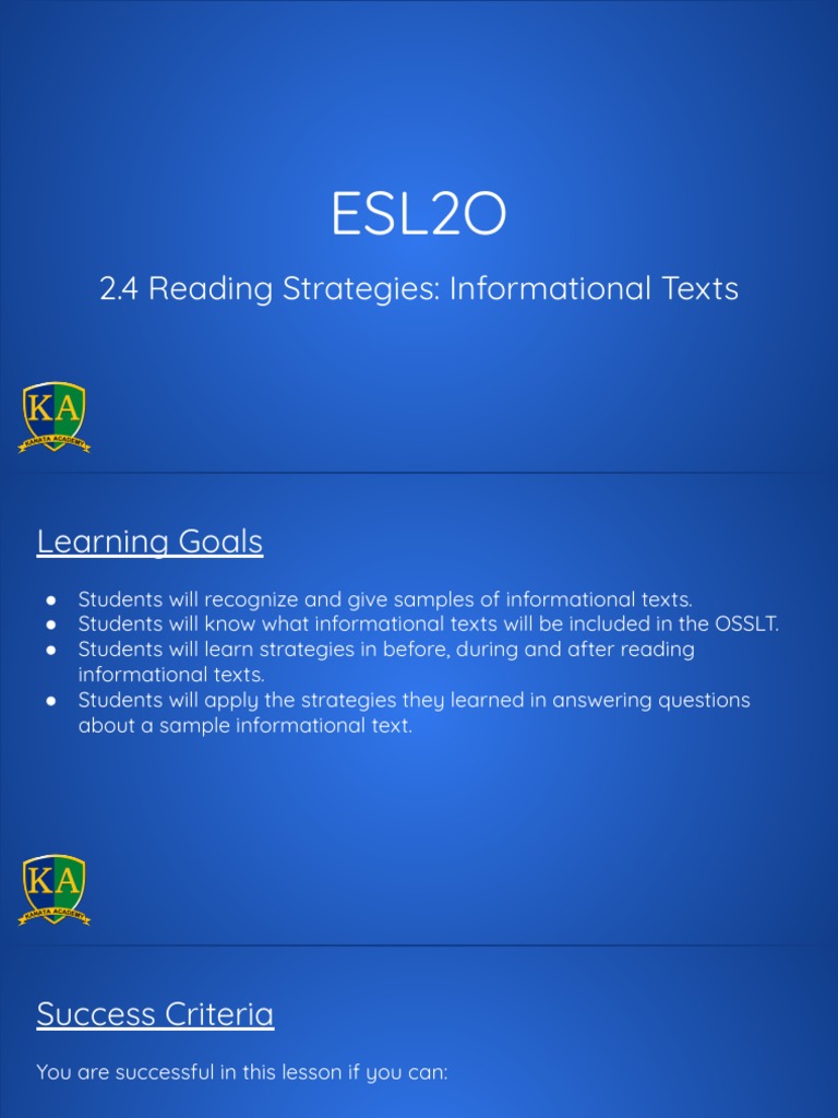 Esl2O: 2.4 Reading Strategies: Informational Texts | PDF | Reading Comprehension | Cognition
