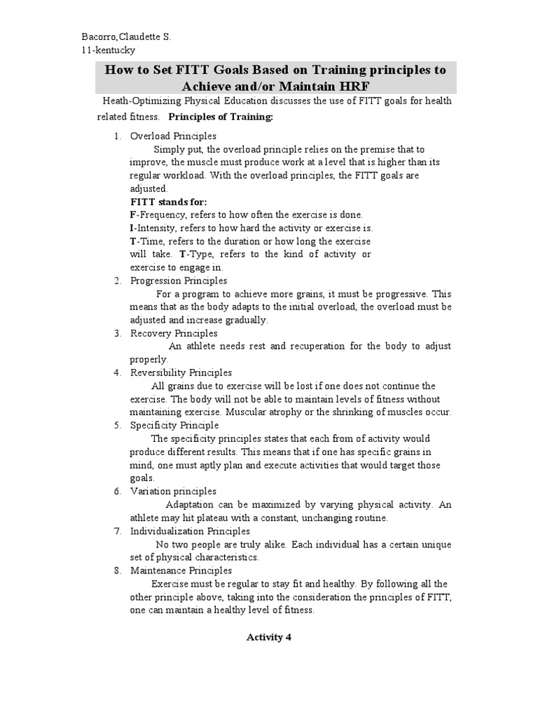 How To Set FITT Goals Based On Training Principles To Achieve And/or Maintain HRF | PDF ...