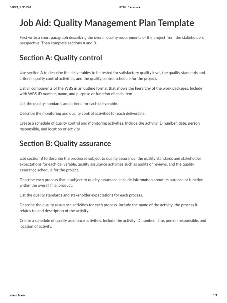 Quality Management Plan Template Guide | PDF