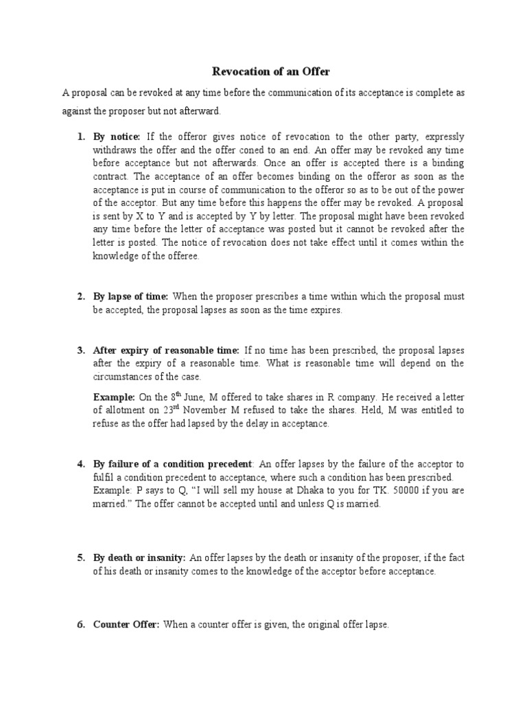 Revocation Of An Offer Explained Pdf Offer And Acceptance Legal Ethics