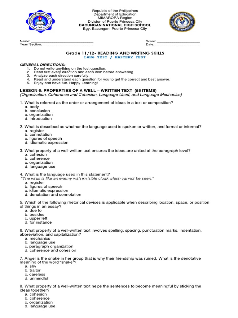 Grade 11/12-Reading and Writing Skills: Long Test / Mastery Test | PDF ...