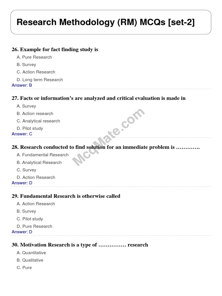Research Methodology (RM) Solved MCQs (Set-2) | PDF | Empirical ...