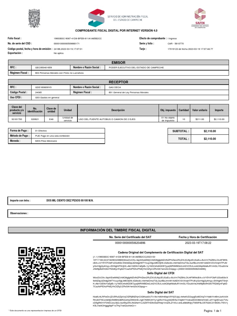Comprobante fiscal digital por internet (CFDI) que documenta el pago de ...